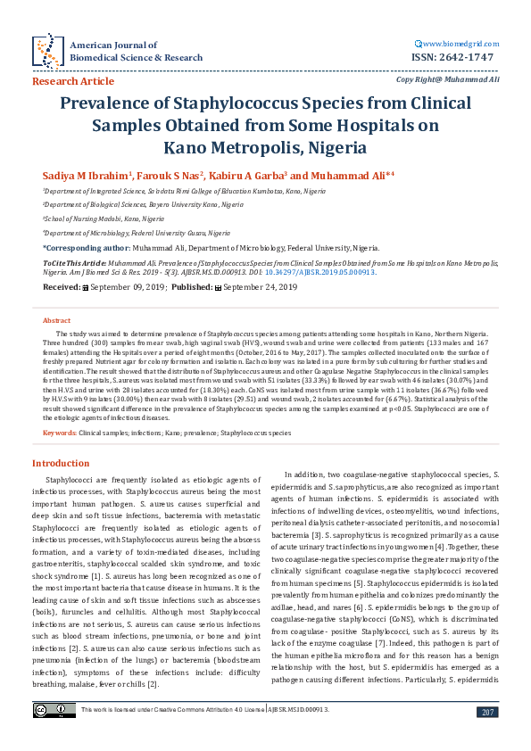 (PDF) Prevalence of Staphylococcus Species from Clinical Samples Obtained from Some Hospitals on ...