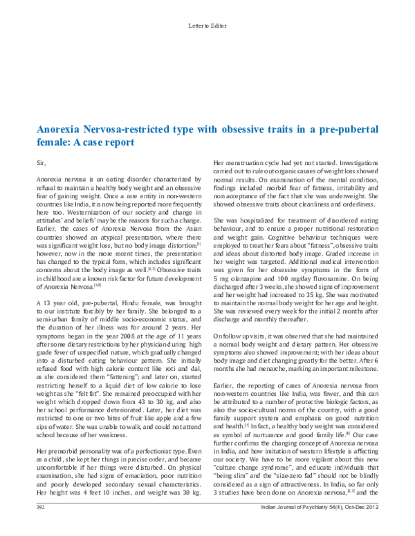 (PDF) Anorexia Nervosa-restricted type with obsessive traits in a pre ...