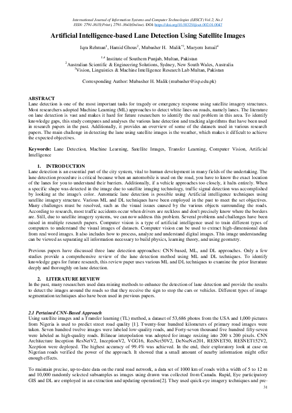 (PDF) Artificial Intelligence based Lane Detection using Satellite Images