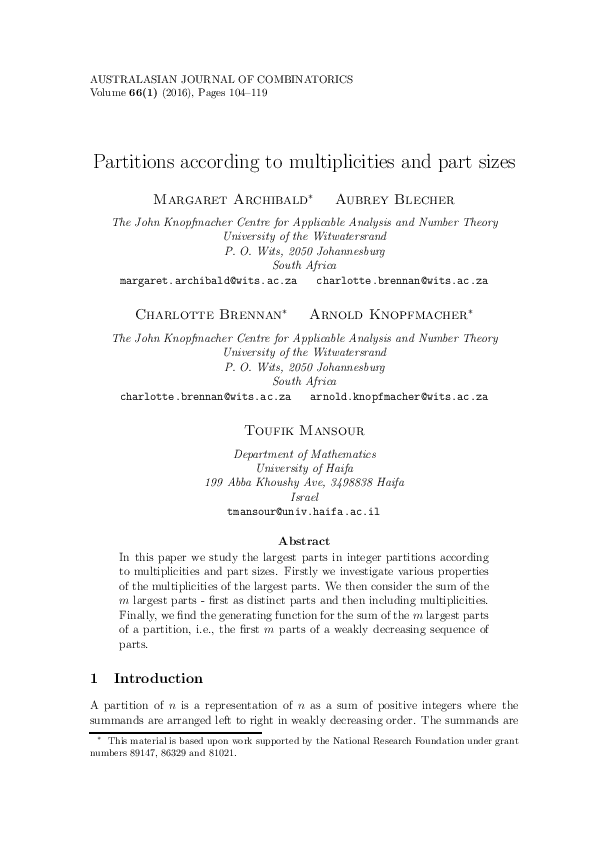 (PDF) Partitions according to multiplicities and part sizes