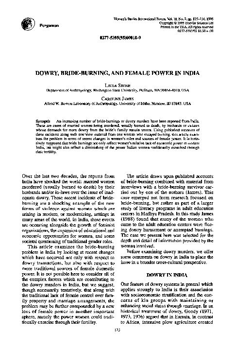 (PDF) Dowry, bride-burning, and female power in India