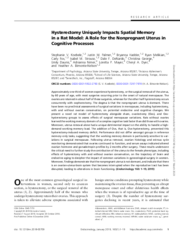 (PDF) Hysterectomy Uniquely Impacts Spatial Memory in a Rat Model: A ...