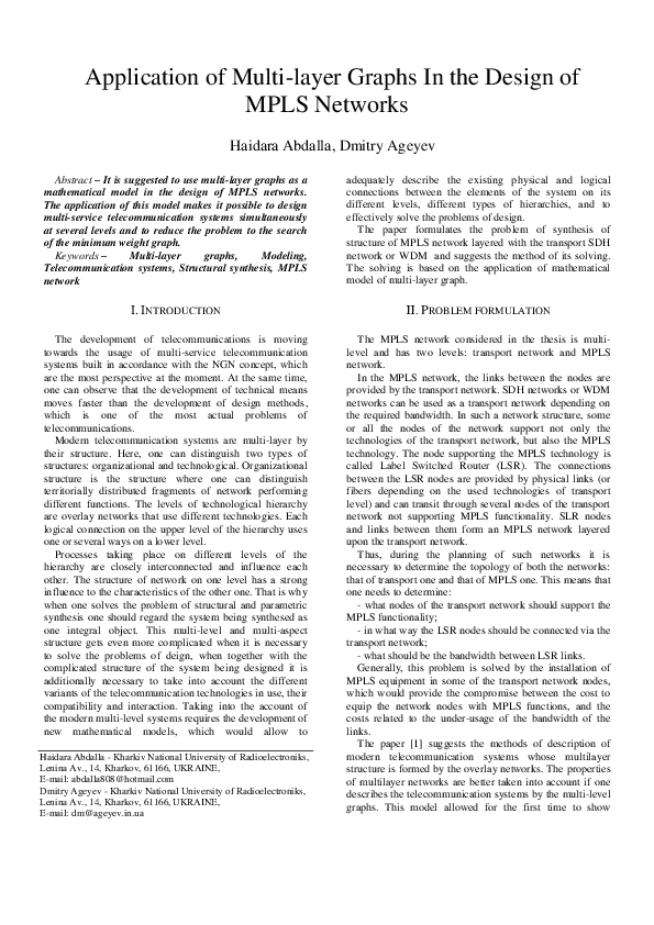 (PDF) Application of Multi-layer Graphs In the Design of MPLS Networks | Dmytro Ageyev ...