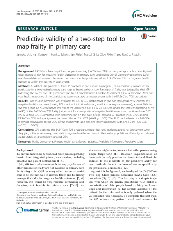 (PDF) Predictive validity of a two-step tool to map frailty in primary care