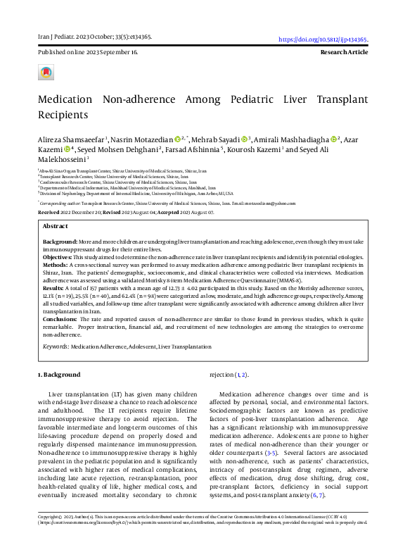 (PDF) Medication Non-adherence Among Pediatric Liver Transplant Recipients