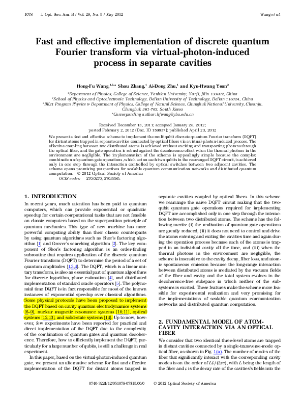 Pdf Fast And Effective Implementation Of Discrete Quantum Fourier Transform Via Virtual Photon