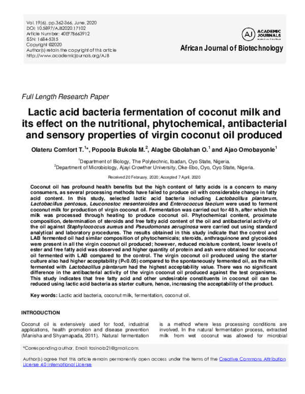 (PDF) Lactic acid bacteria fermentation of coconut milk and its effect on the nutritional ...