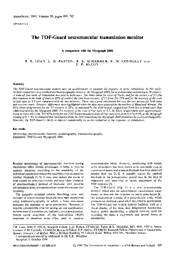 (PDF) The TOF-Guard neuromuscular transmission monitor