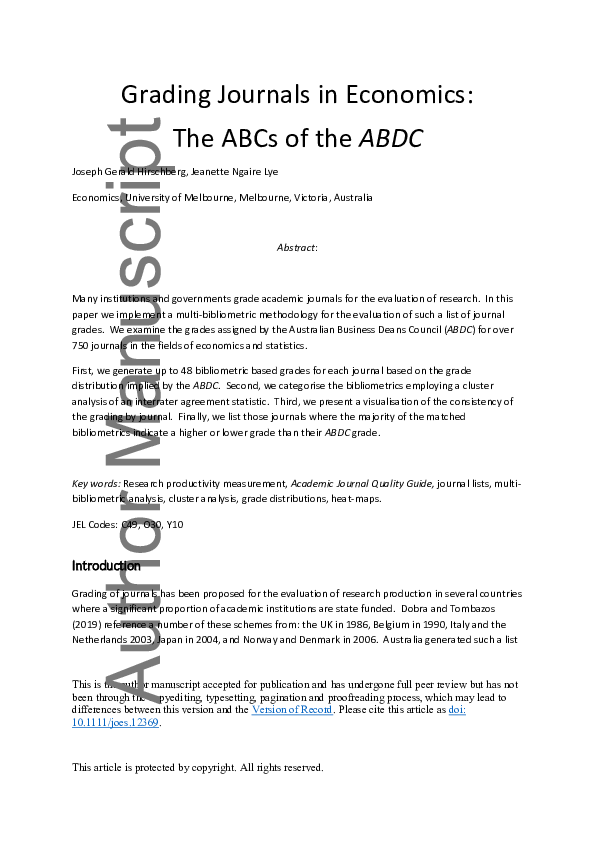 (PDF) GRADING JOURNALS IN ECONOMICS: THE ABCS OF THE ABDC