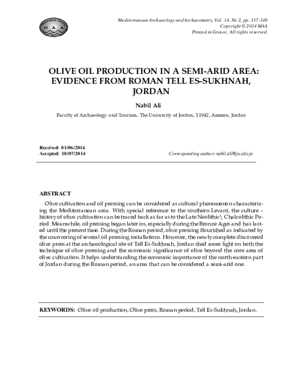 (PDF) Olive Oil Production in a Semi-Arid Area: Evidence from Roman ...
