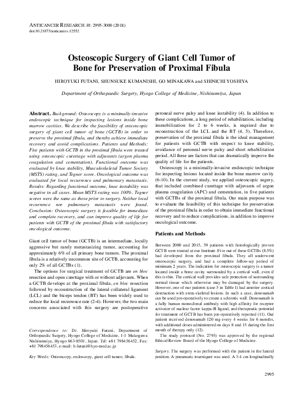 (PDF) Osteoscopic Surgery of Giant Cell Tumor of Bone for Preservation ...