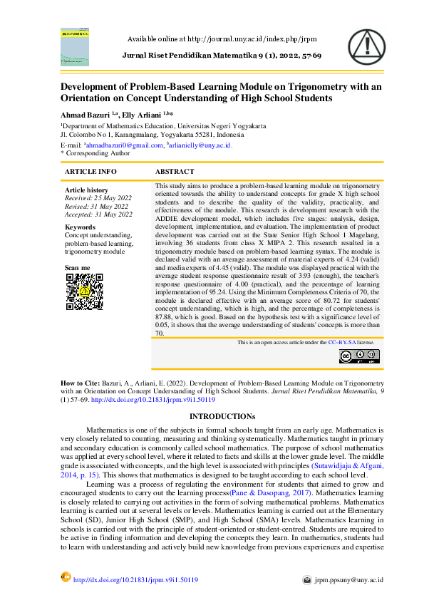 (PDF) Development of trigonometry module based on PBL that oriented to high school students ...