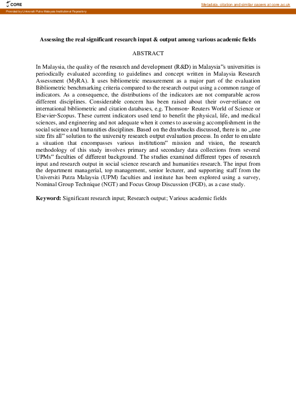 Pdf Assessing The Real Significant Research Input And Output Among