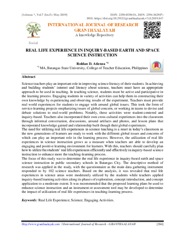 (PDF) Real Life Experience in Inquiry-Based Earth and Space Science Instruction