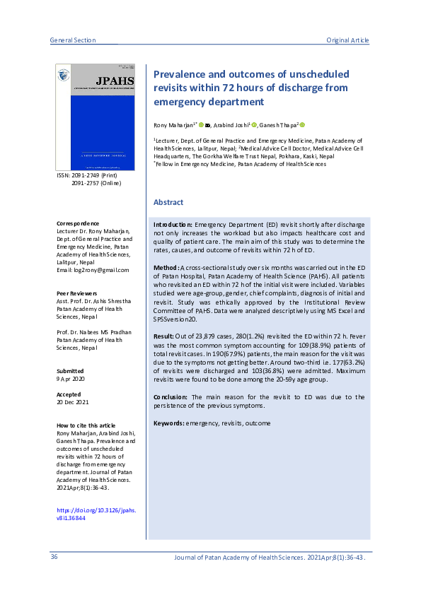 (PDF) Prevalence and outcomes of unscheduled revisits within 72 hours ...