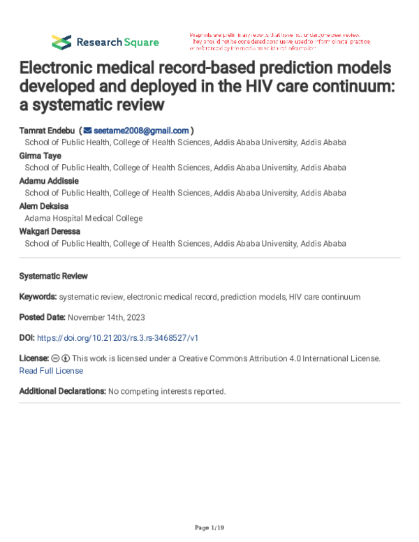 Pdf Electronic Medical Record Based Prediction Models Developed And