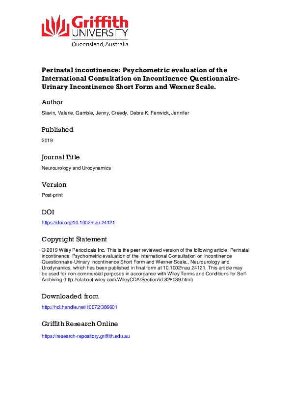 (PDF) Perinatal incontinence: Psychometric evaluation of the ...