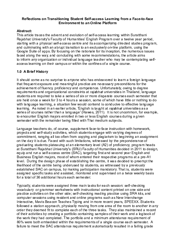 (PDF) Reflections on Transitioning Student Self-access Learning from a ...