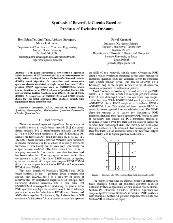 (PDF) Synthesis of Reversible Circuits Based on Products of Exclusive OR Sums | Marek Perkowski ...