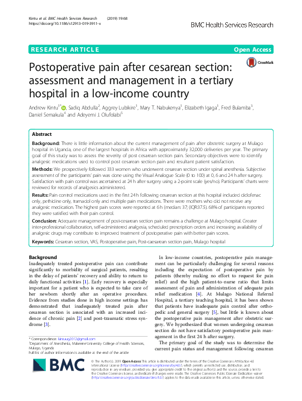 (PDF) Postoperative pain after cesarean section: assessment and ...