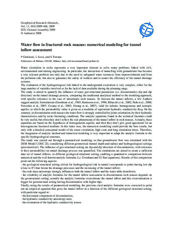 (PDF) Water flow in fractured rock masses: numerical modeling for tunnel inflow assessment