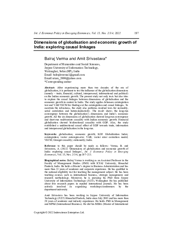 (PDF) Dimensions of globalisation and economic growth of India: exploring causal linkages