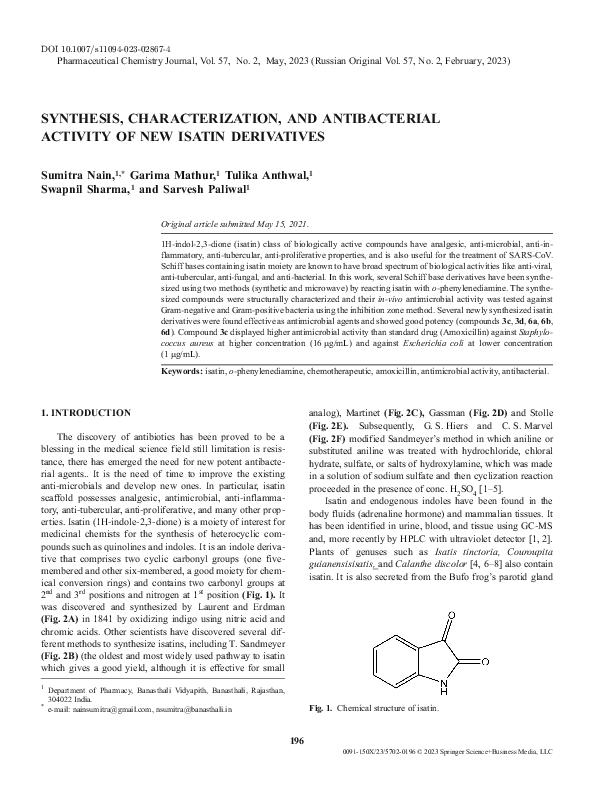 (PDF) Synthesis, Characterization, and Antibacterial Activity of New Isatin Derivatives