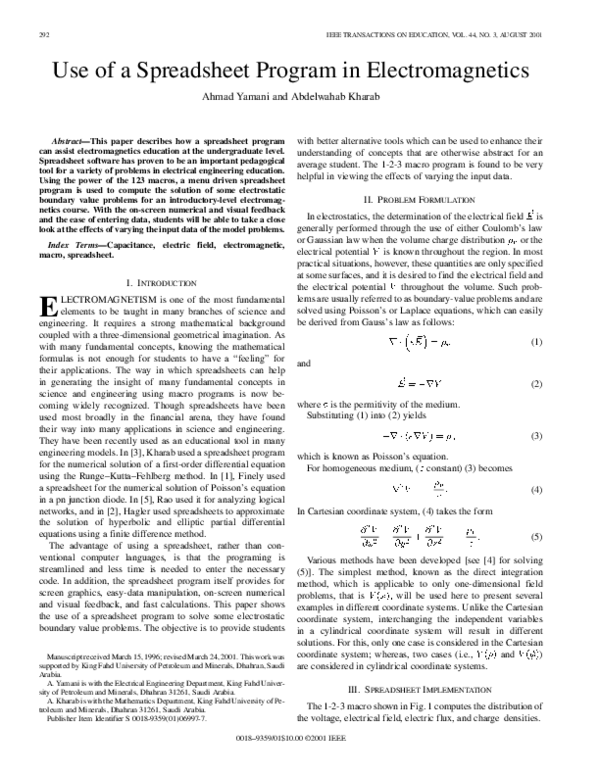 (PDF) Use of a spreadsheet program in electromagnetics