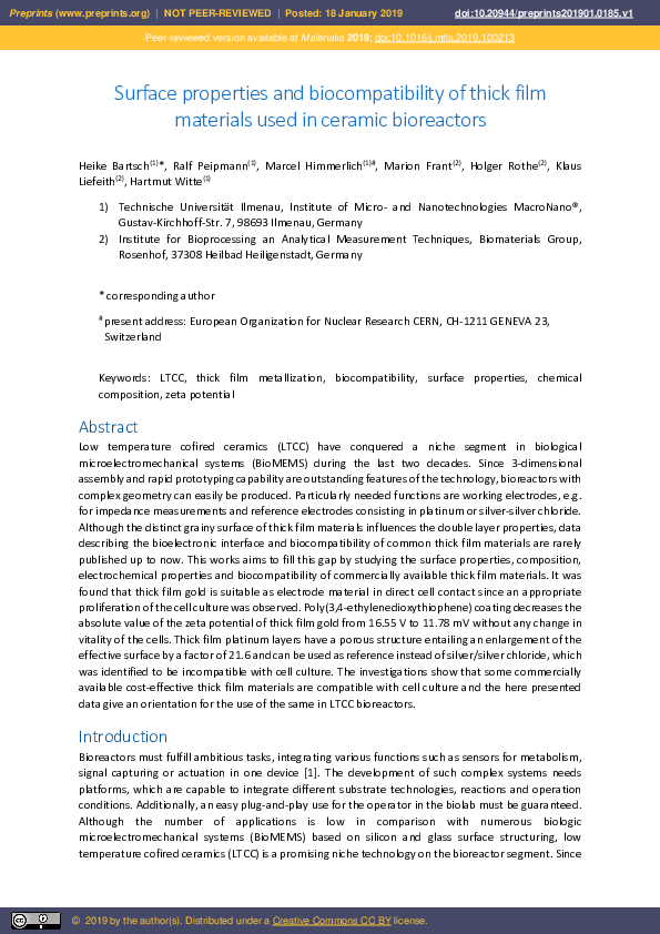 (PDF) Surface properties and biocompatibility of thick film materials used in ceramic bioreactors