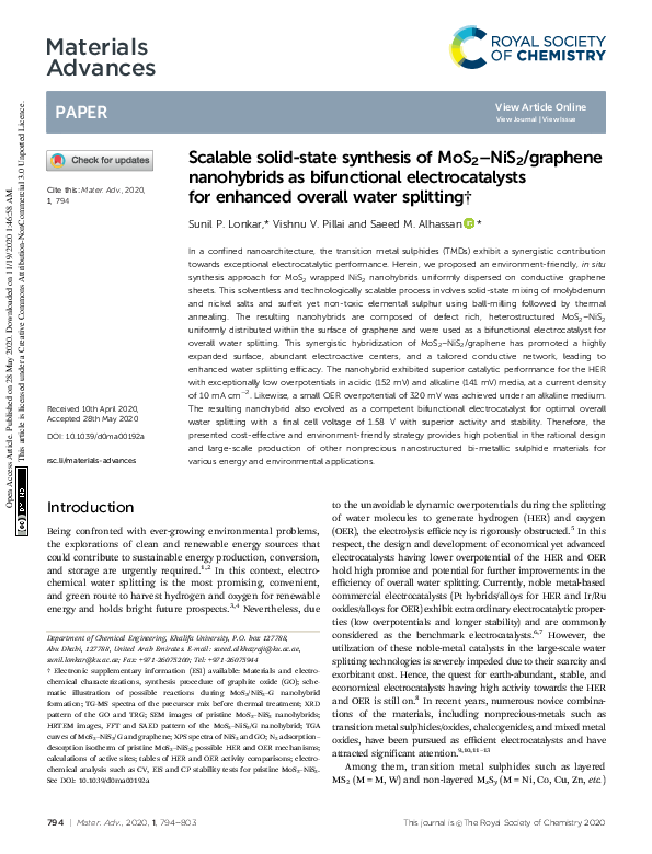 (PDF) Scalable solid-state synthesis of MoS2–NiS2/graphene nanohybrids as bifunctional ...
