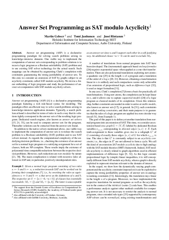 (PDF) Answer set programming as SAT modulo acyclicity
