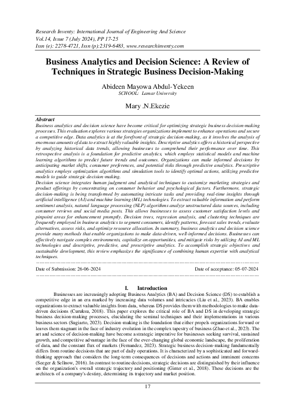 (PDF) Business Analytics and Decision Science: A Review of Techniques ...