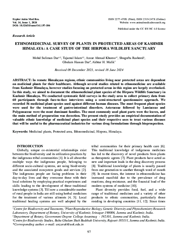 (PDF) ETHNOMEDICINAL SURVEY OF PLANTS IN PROTECTED AREAS OF KASHMIR HIMALAYA: A CASE STUDY OF ...