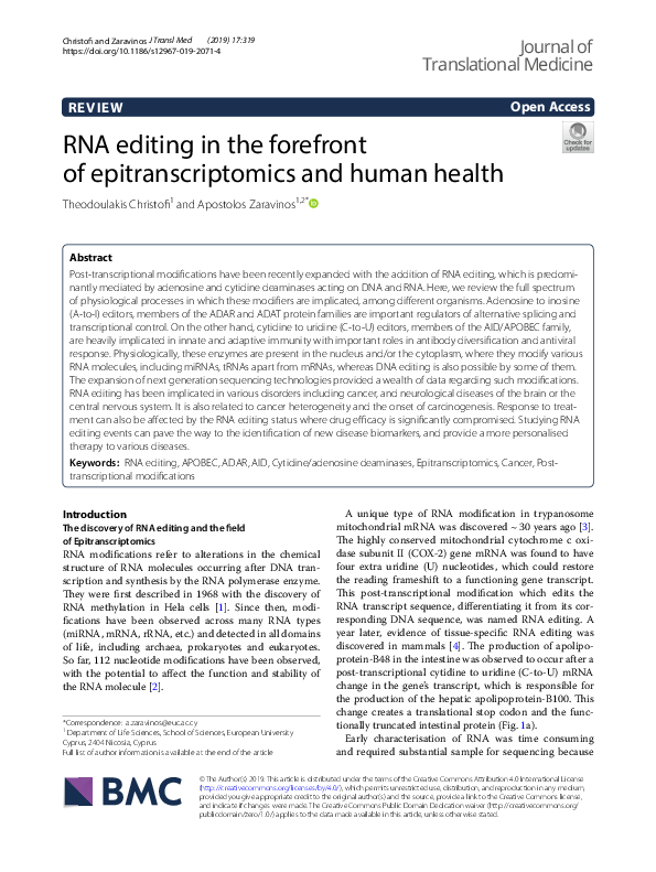 (PDF) RNA editing in the forefront of epitranscriptomics and human health
