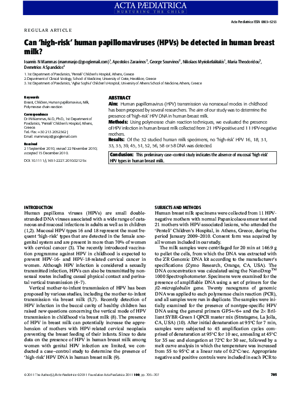 Pdf Can ‘high Risk Human Papillomaviruses Hpvs Be Detected In Human Breast Milk