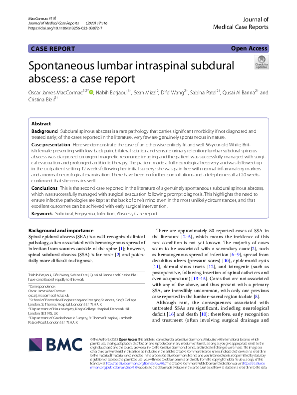 (PDF) Spontaneous lumbar intraspinal subdural abscess: a case report ...