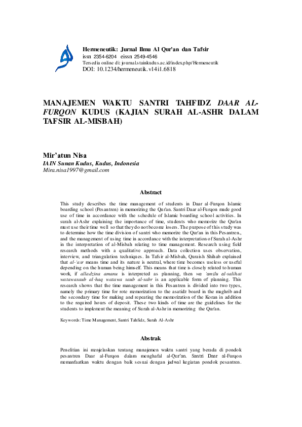 (PDF) Manajemen Waktu Santri Tahfidz Dar al-Furqon Desa Janggalan ...
