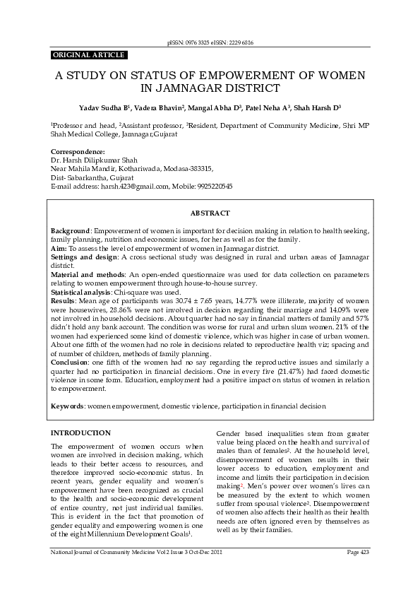 (PDF) A STUDY ON STATUS OF EMPOWERMENT OF WOMEN IN JAMNAGAR DISTRICT