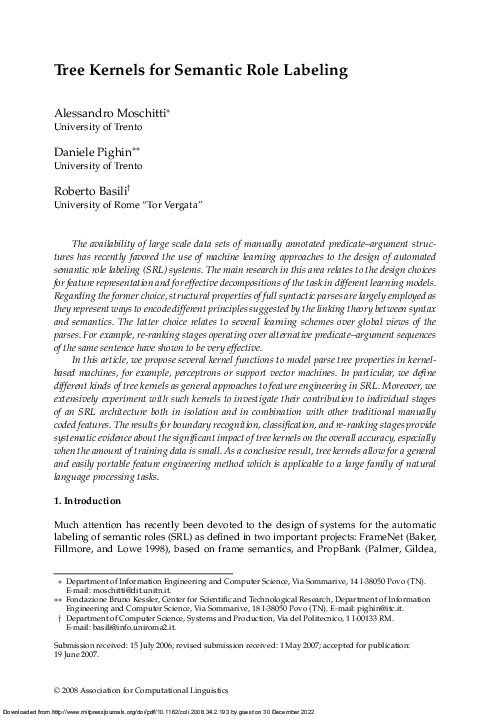 (PDF) Tree Kernels for Semantic Role Labeling