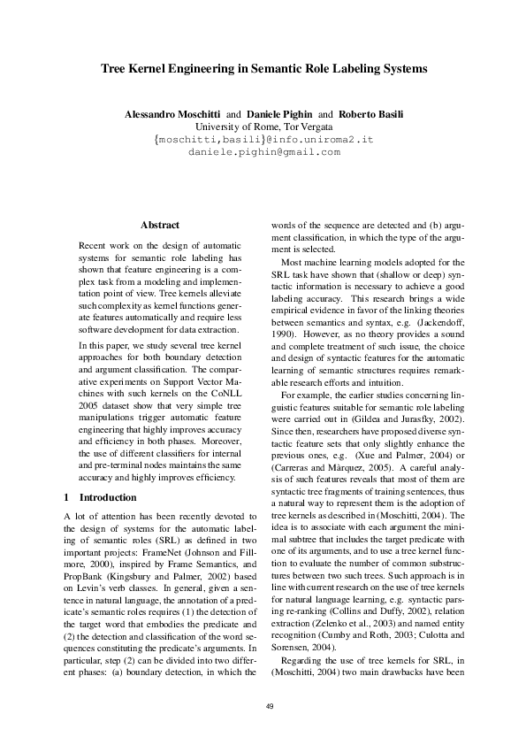 (PDF) Tree Kernel Engineering In Semantic Role Labeling Systems | Roberto Basili - Academia.edu