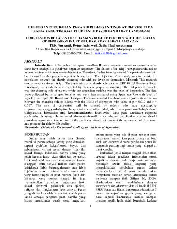 (PDF) Hubungan Perubahan Peran Diri Dengan Tingkat Depresi Pada Lansia Yang Tinggal DI Upt Pslu ...