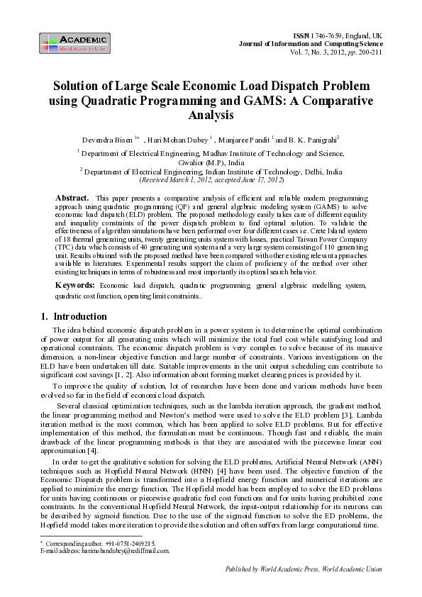 Pdf Solution Of Large Scale Economic Load Dispatch Problem Using Quadratic Programming And