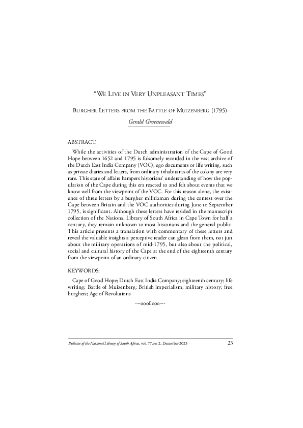 (PDF) "We Live in Very Unpleasant Times": Burgher Letters from the ...