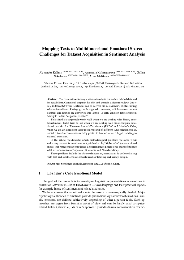 (PDF) Mapping Texts to Multidimensional Emotional Space: Challenges for Dataset Acquisition in ...