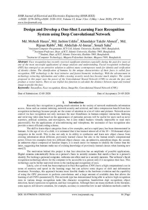 Pdf Design And Develop A One Shot Learning Face Recognition System Using Deep Convolutional