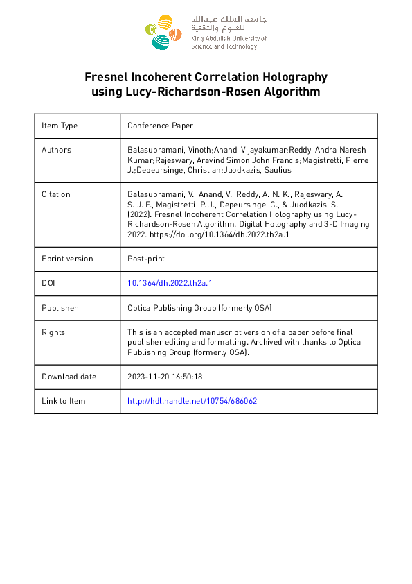 Pdf Fresnel Incoherent Correlation Holography Using Lucy Richardson Rosen Algorithm