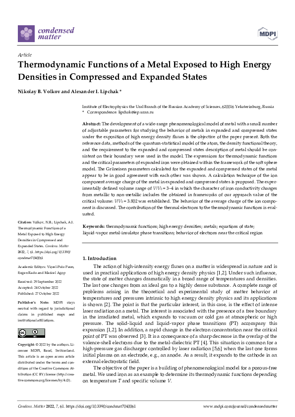 (PDF) Thermodynamic Functions of a Metal Exposed to High Energy ...