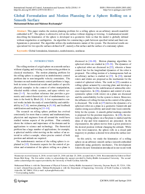 (PDF) Global Formulation and Motion Planning for a Sphere Rolling on a ...