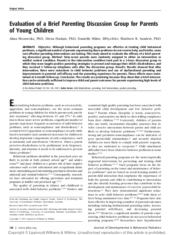 (PDF) Evaluation of a Brief Parenting Discussion Group for Parents of ...