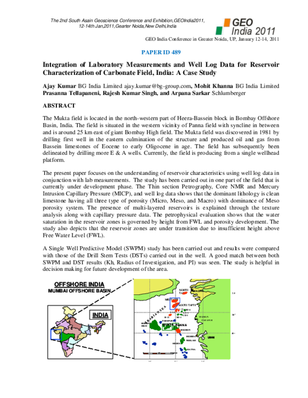 (PDF) Integration of Laboratory Measurements and Well Log Data for Reservoir Characterization of ...
